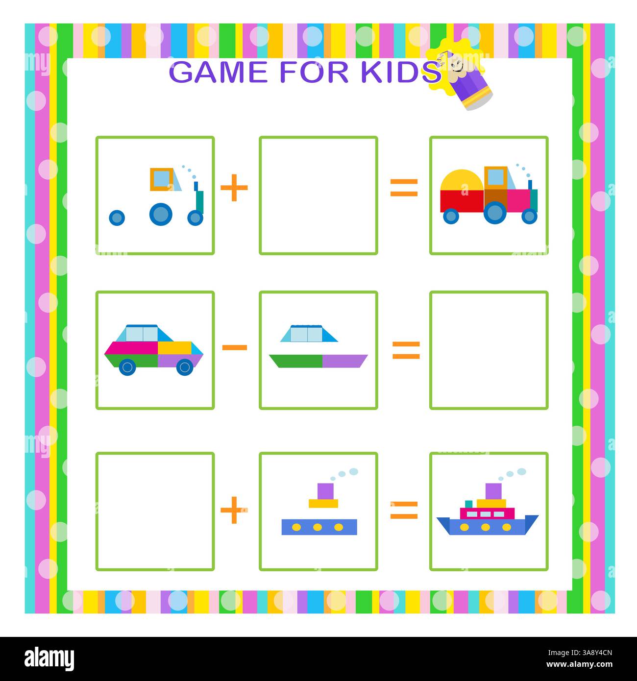 Math game for kids. Addition and subtraction with geometric shapes. Preschool worksheet activity ...