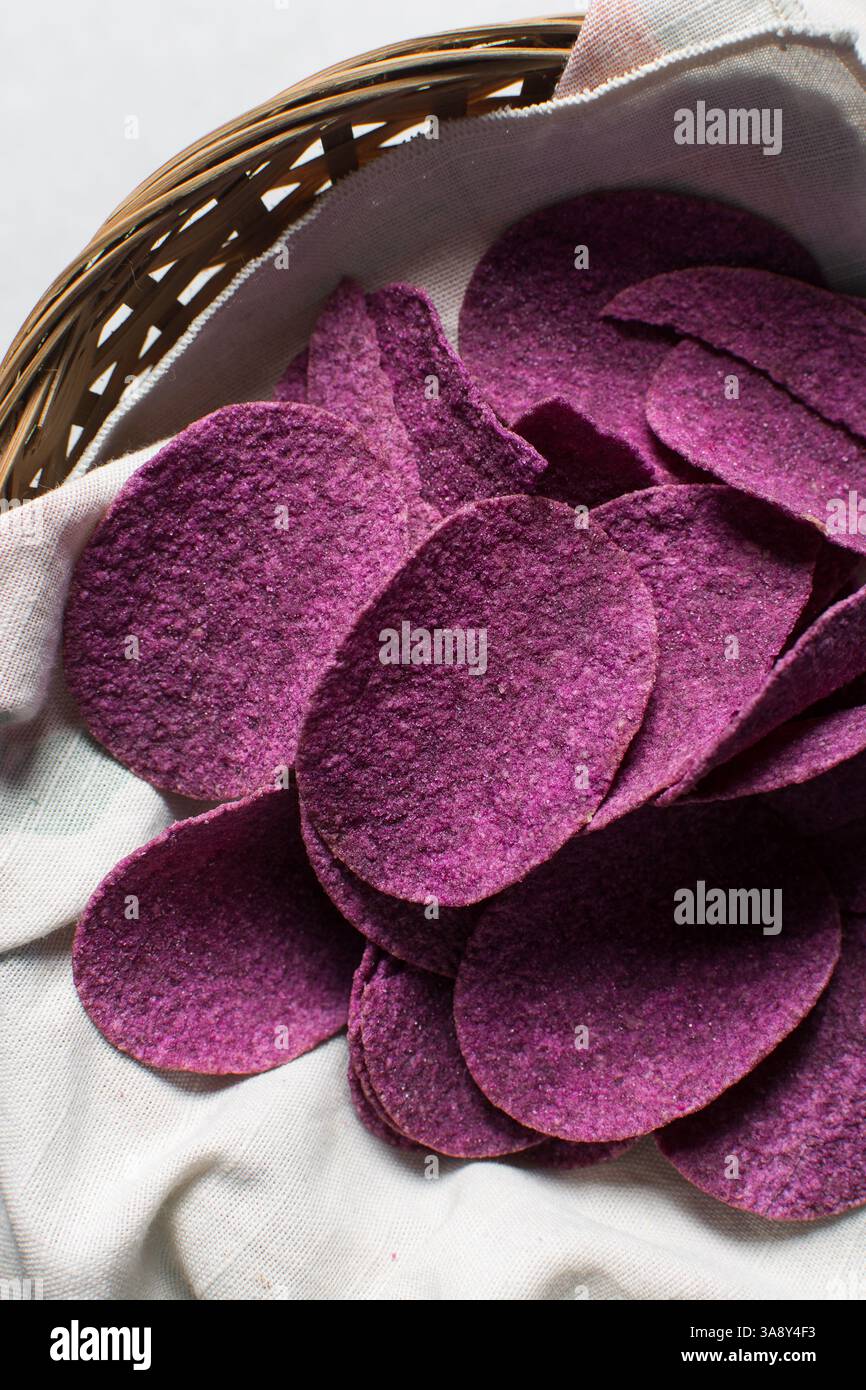 Overhead view of purple sweet potato chips, top view of ube chips ...
