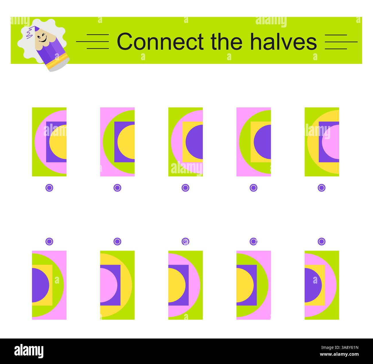 Logic game. Educational material for kids. Need to find the halves of geometric shapes. Vector ...