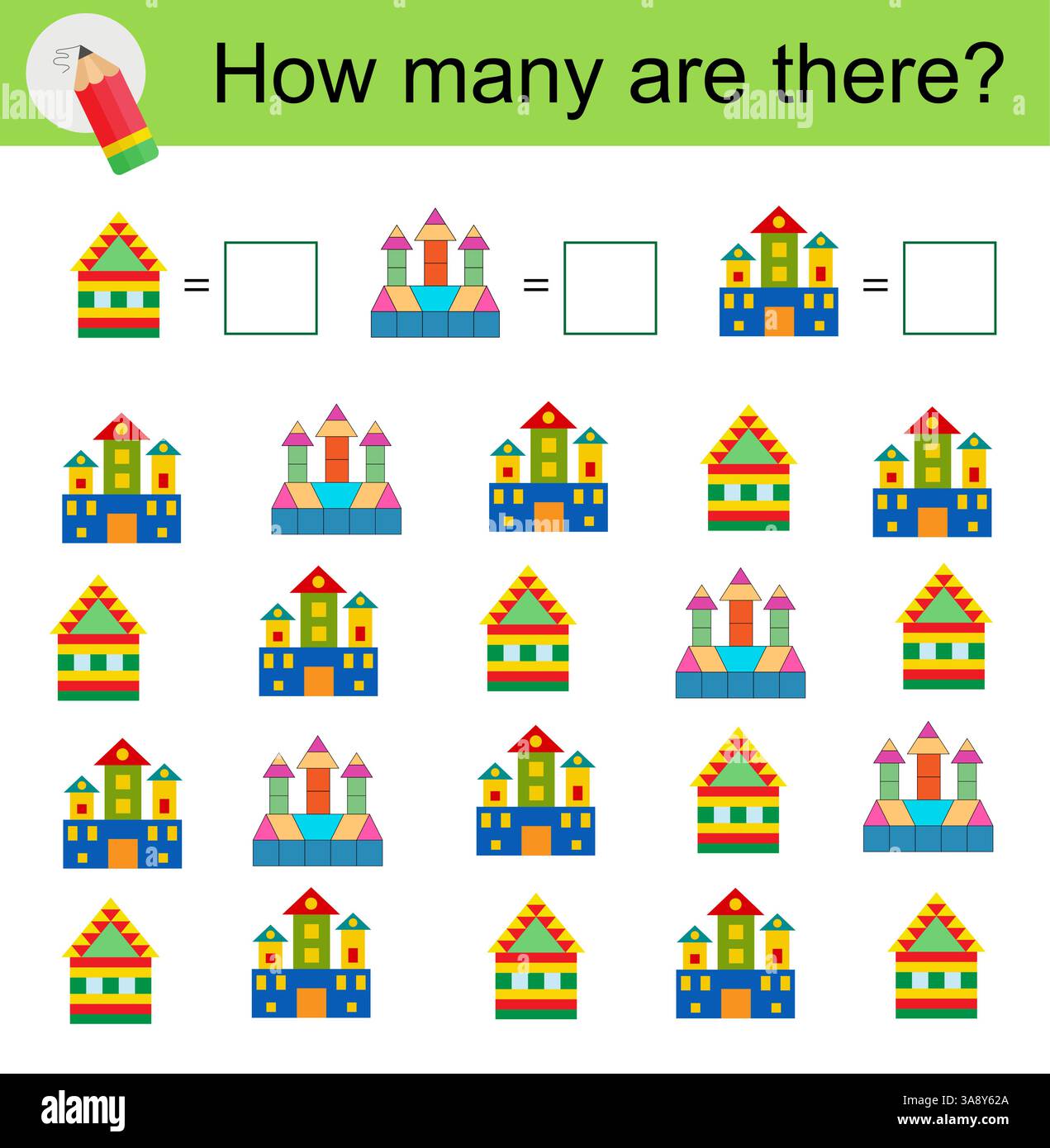 Math activity for kids. Developing numeracy skills. Cartoon houses ...