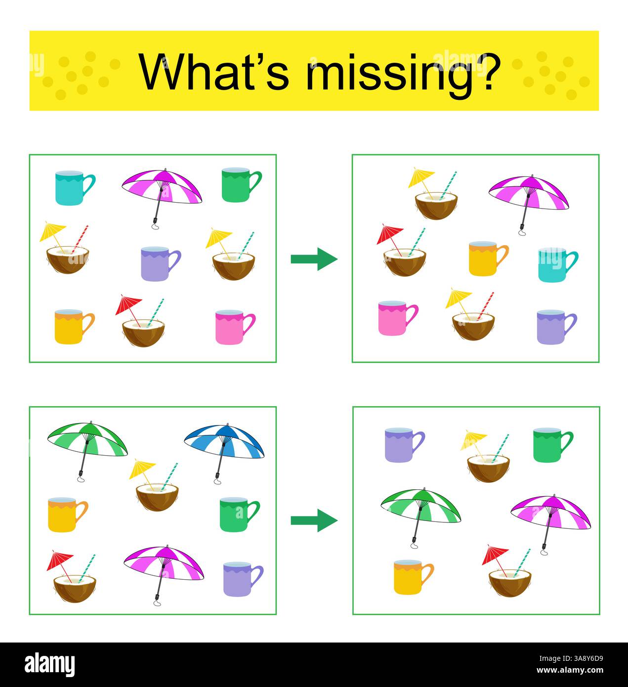 Puzzle game for kids. Find the missing object. Vector illustration of mug, coconut, umbrella ...