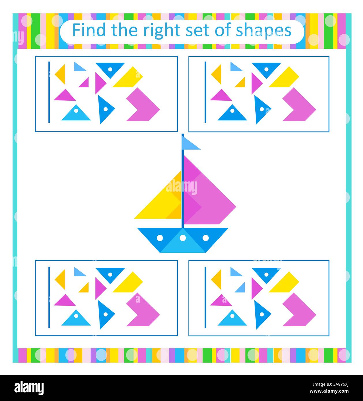 Educational logical game for kids. Find the right set of geometric shapes. Preschool worksheet ...