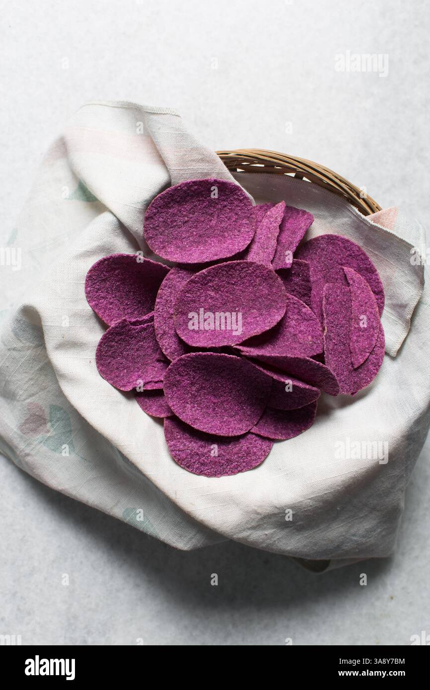 Overhead view of purple sweet potato chips, top view of ube chips ...