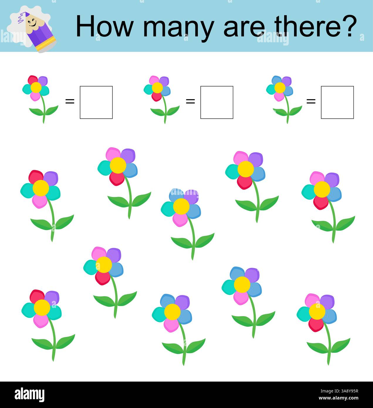 Math activity for children. Developing numeracy skills. Cartoon flowers ...