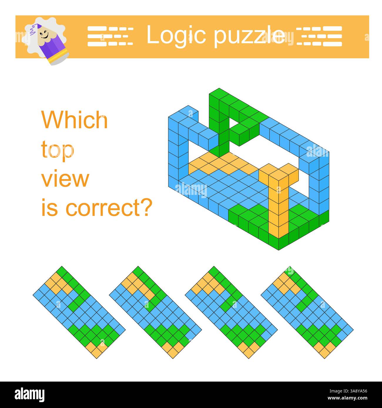 Which Top View Is Correct Logic Puzzle Iq Training Test Printable Worksheet Stock Vector