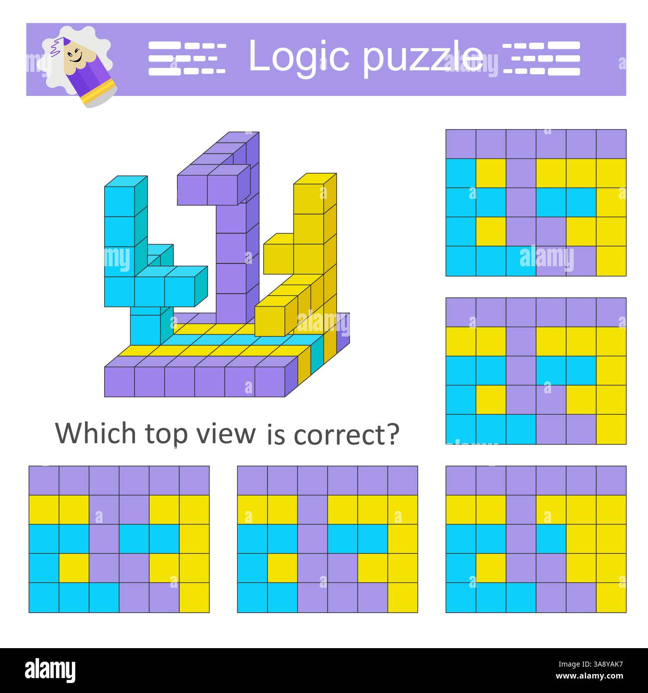 Which Top View Is Correct Logic Puzzle Iq Training Test Printable Worksheet Stock Vector