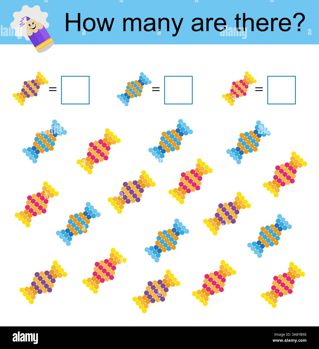 Math activity for kids. Developing numeracy skills. Cartoon candy ...