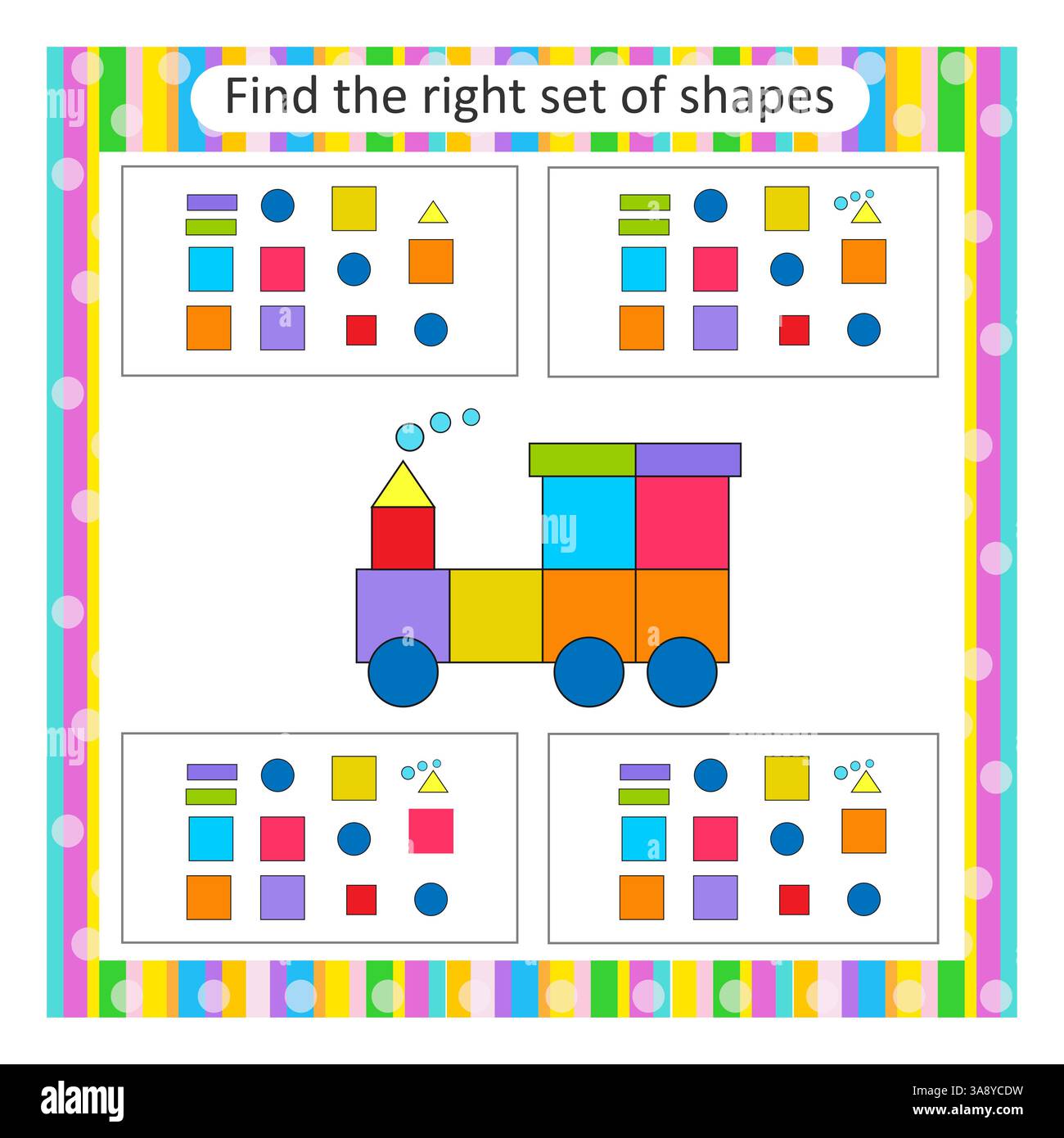 Logic puzzle for children. Find the correct set of steam train. Preschool worksheet activity ...