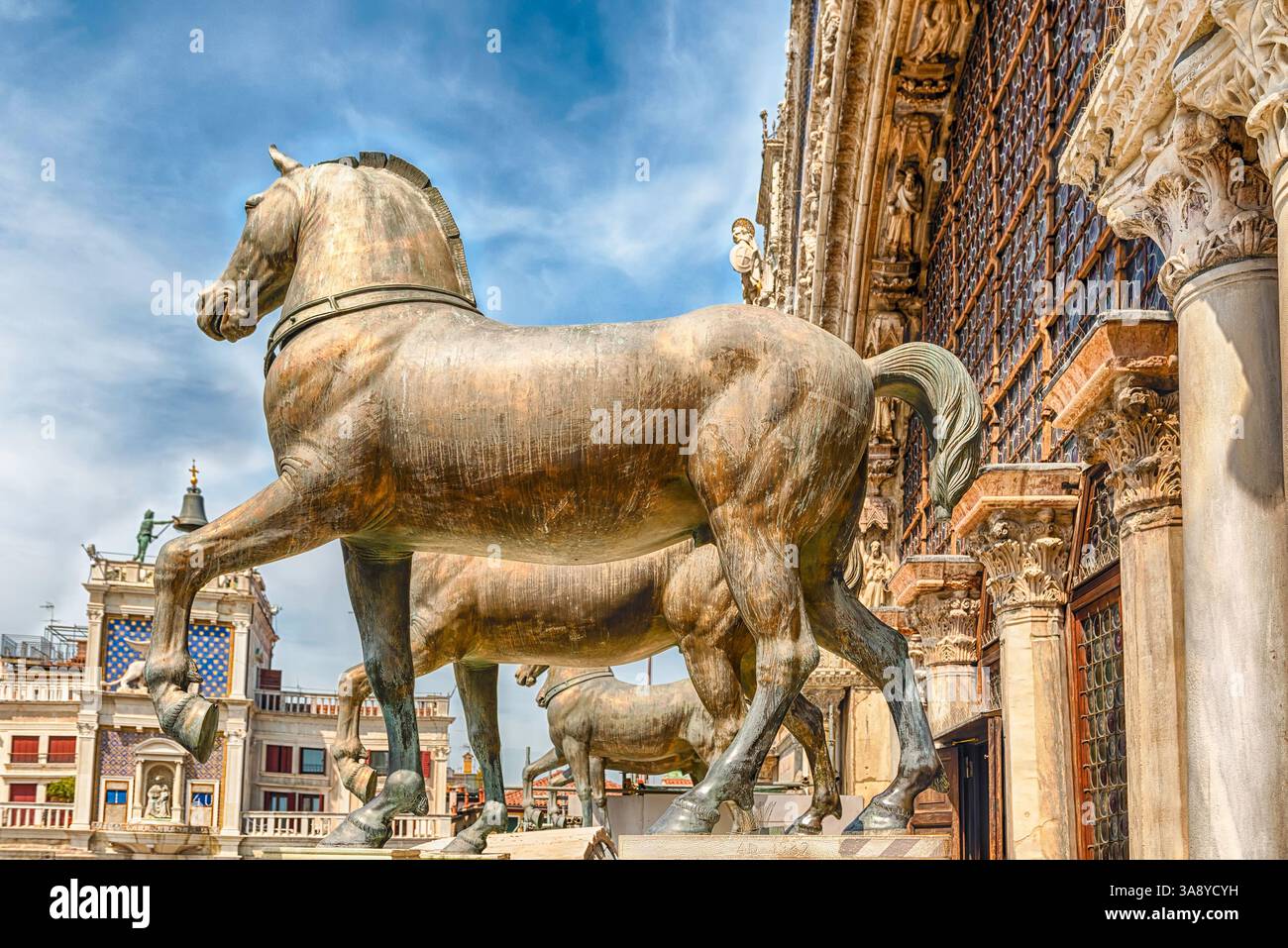 The bronze replica Horses of Saint Mark, on the facade of St Mark's Basilica, iconic landmark in ...