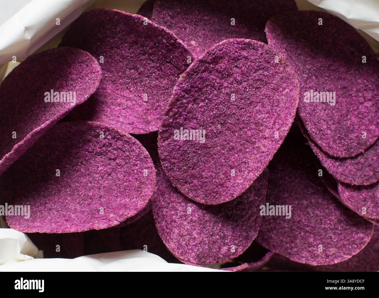 Overhead view of purple sweet potato chips, top view of ube chips ...