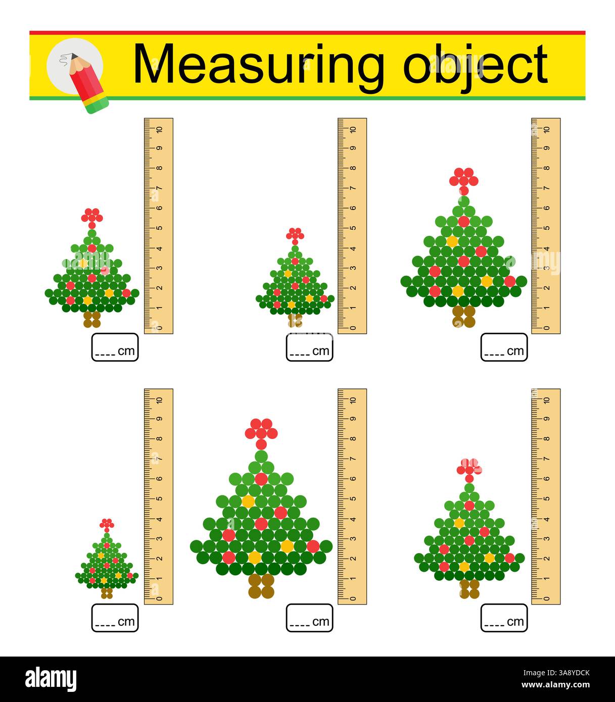 Worksheet for preschool kids. Measuring the length of Christmas trees ...