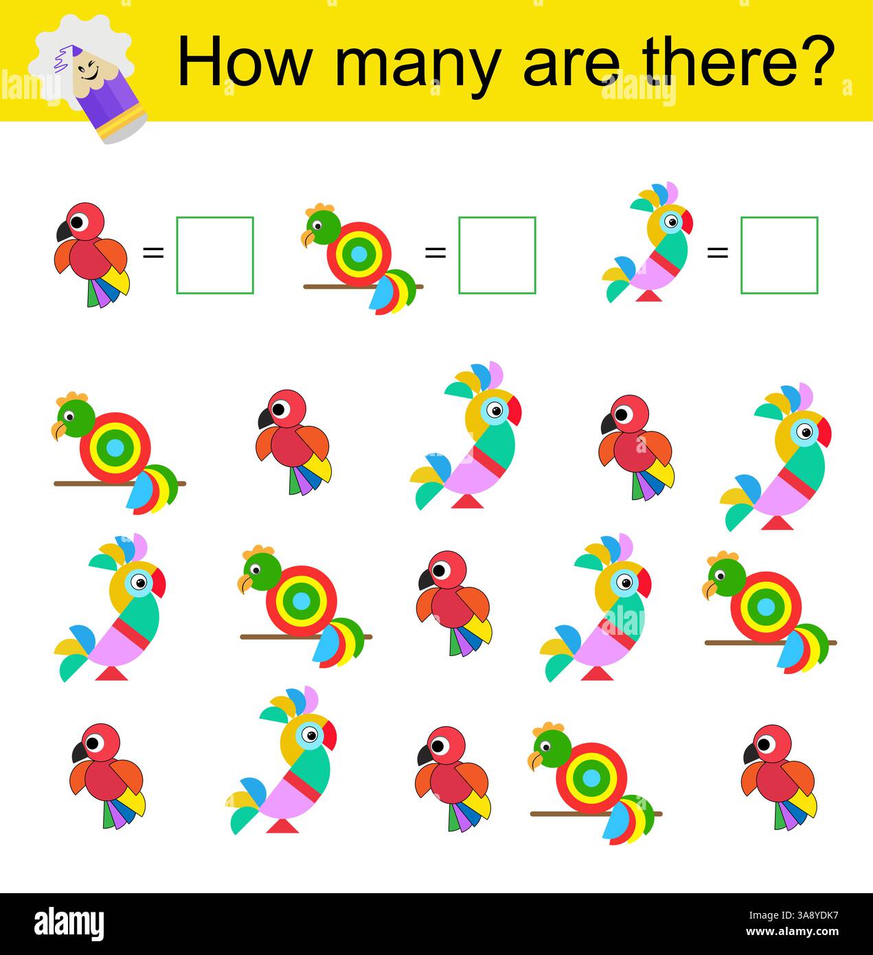 Math activity for kids. Developing numeracy skills. Cartoon parrots ...