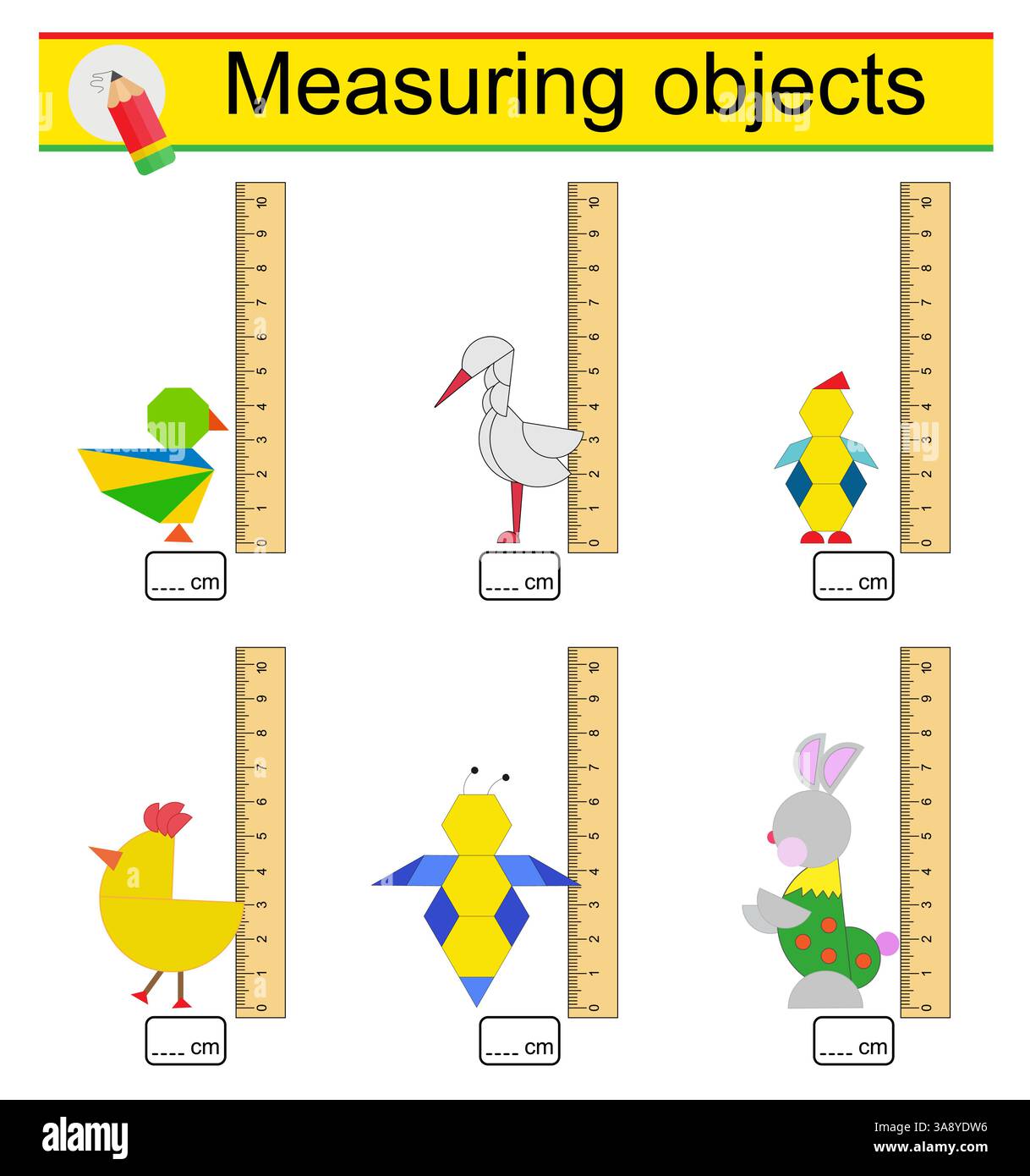 Worksheet for preschool kids. Measuring the length of cartoon animals ...