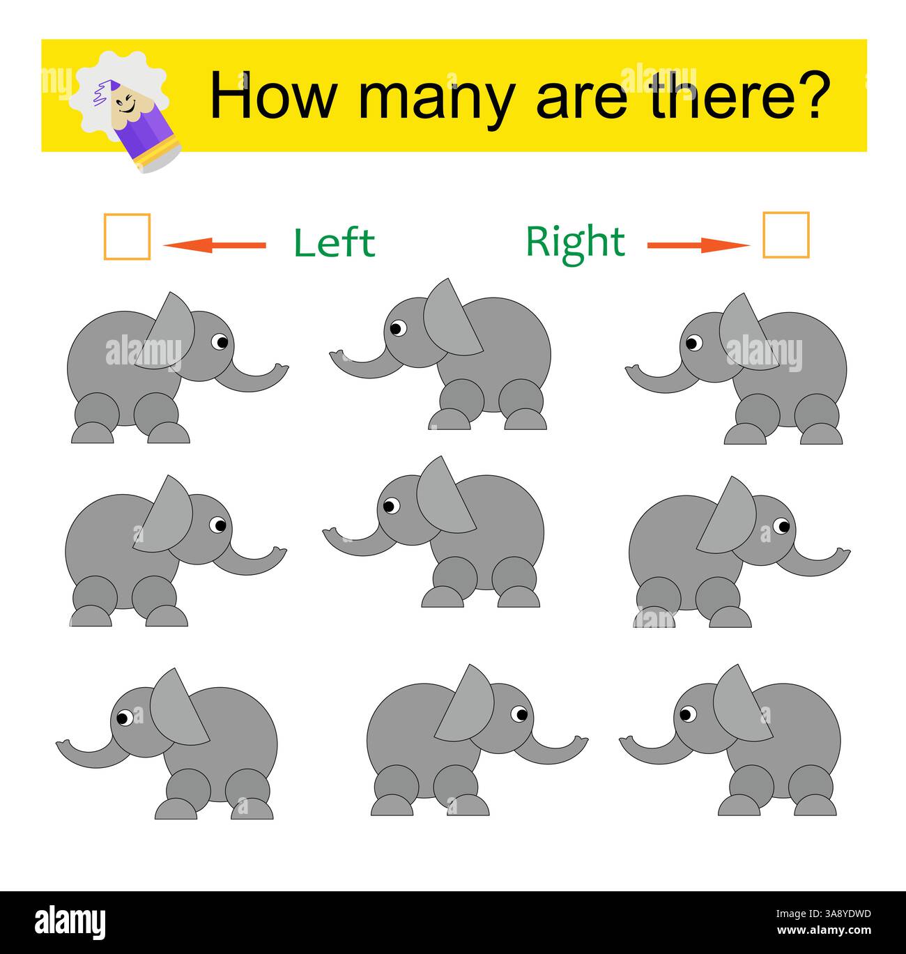 Left or Right. Educational game for kids. Count how many elephants are ...