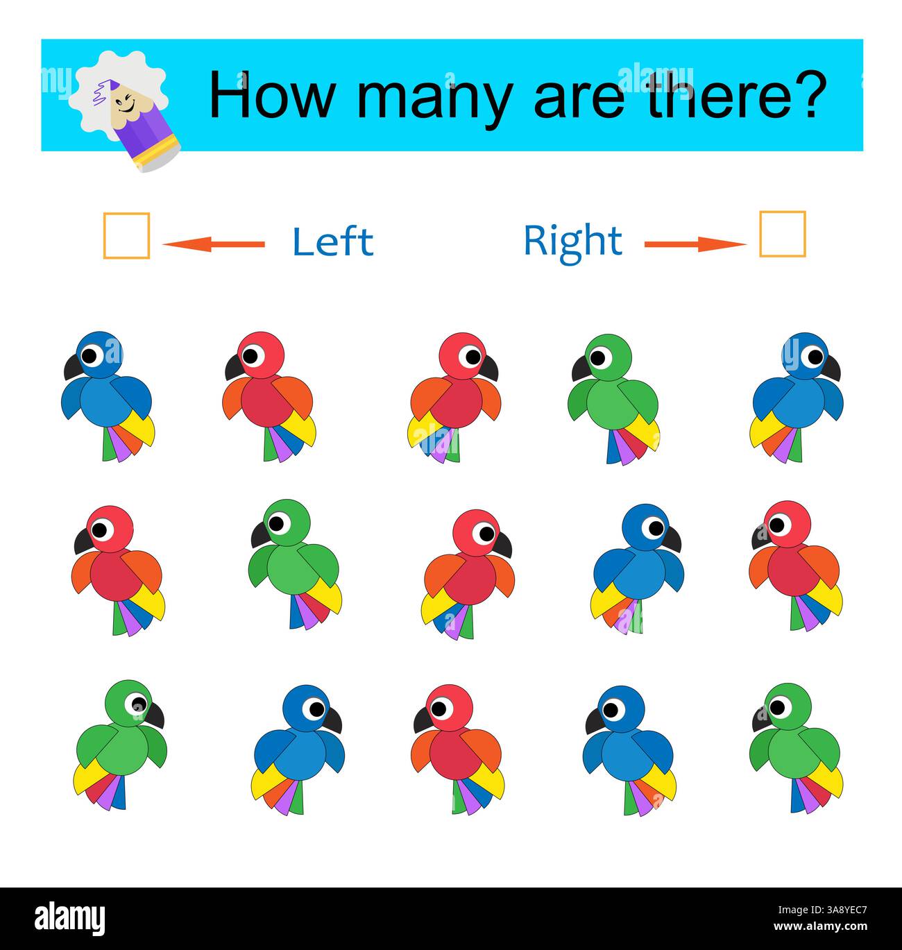 Left or Right. Educational game for kids. Count how many parrots are ...