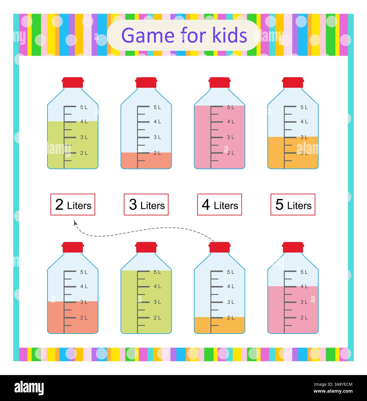 Game for children. Measuring capacity of the bottles. Worksheet for ...