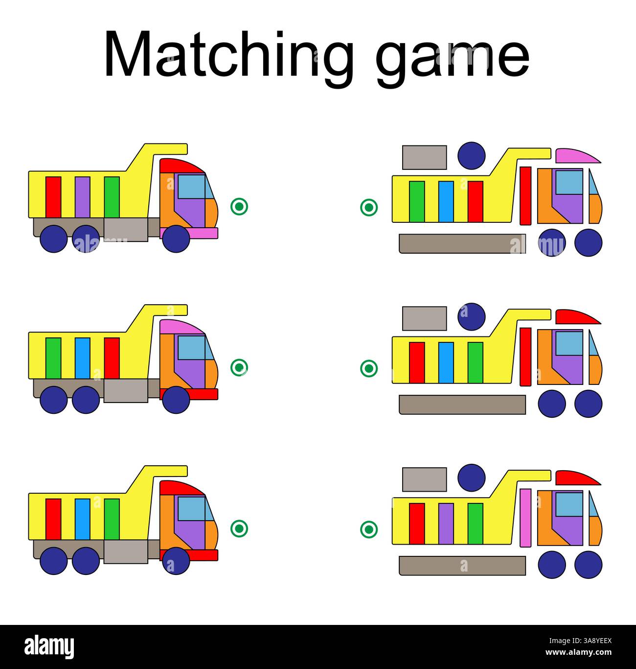 Matching game for kids. Find the correct color of cartoon dump truck ...