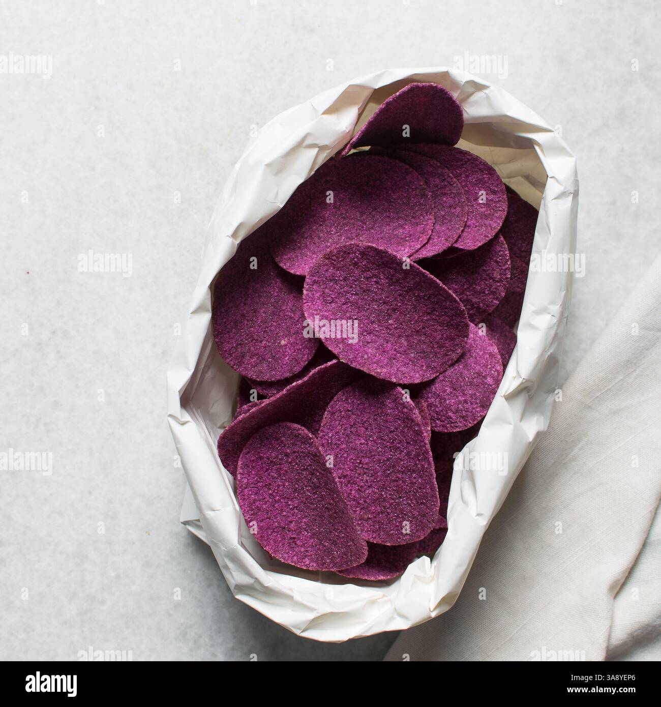 Overhead view of purple sweet potato chips, top view of ube chips ...