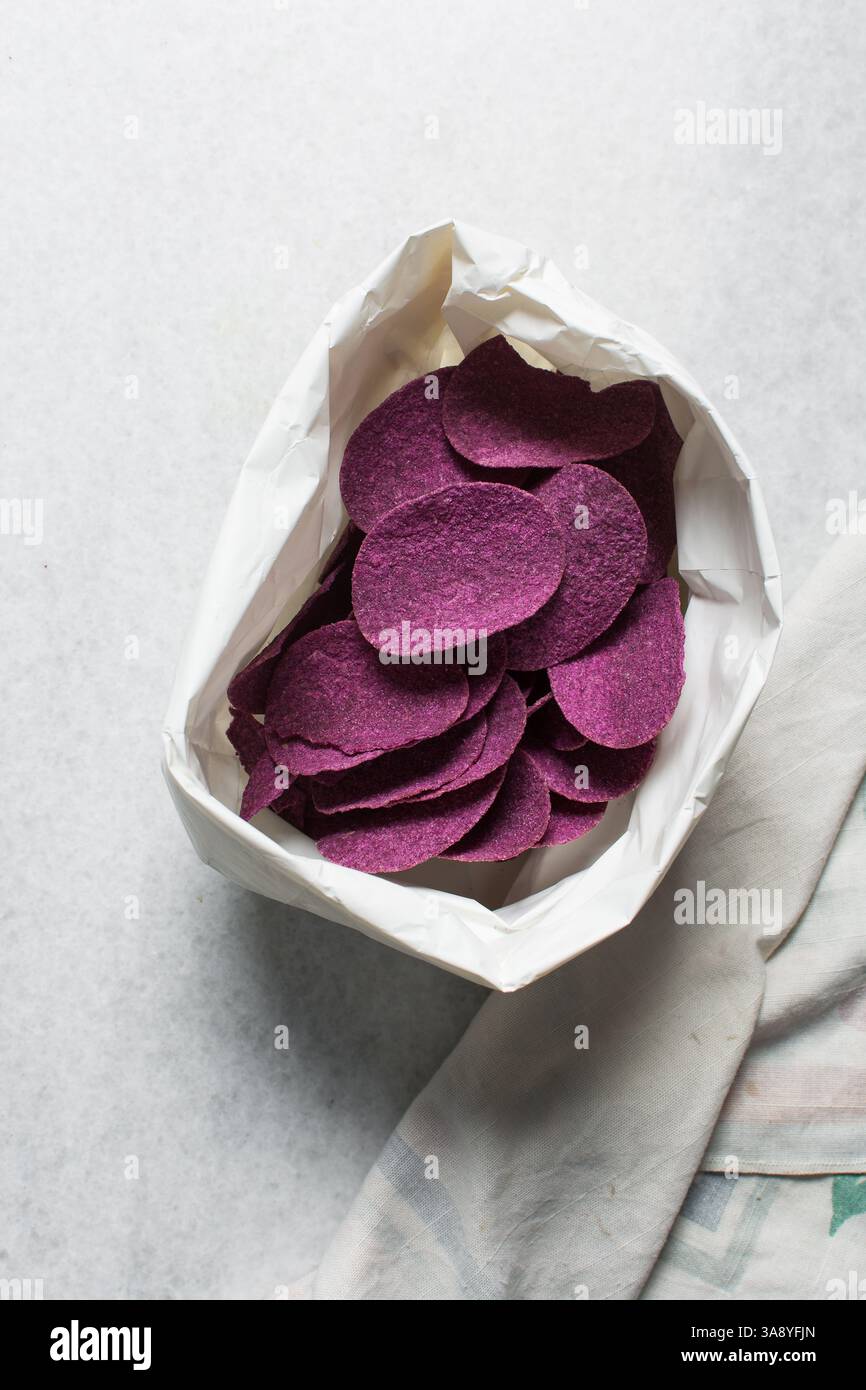 Overhead view of purple sweet potato chips, top view of ube chips ...