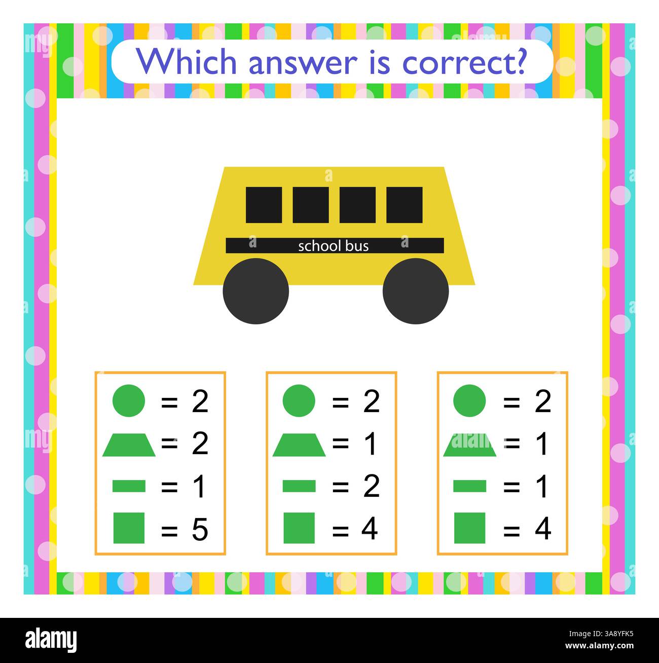 Math activity for kids. Find the correct answer. Cartoon school bus ...