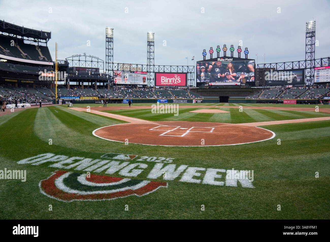 Opening week signage is seen before a baseball game between the Los ...