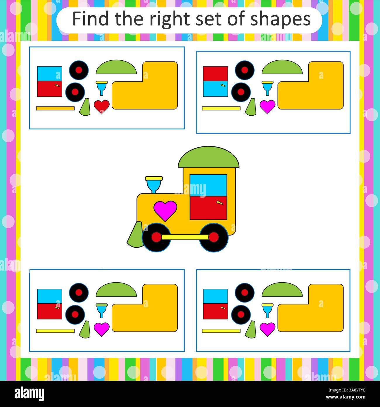 Logic puzzle for kids. Find the correct set of steam train. Preschool worksheet activity. Vector ...