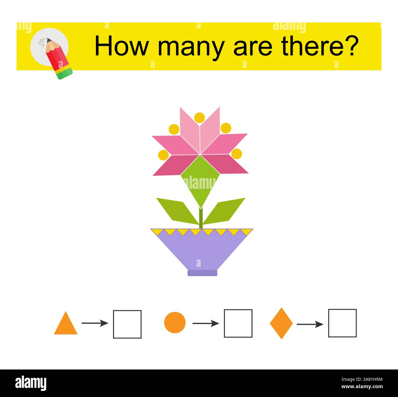 Math activity for kids. How many geometric shapes? Cartoon pink flower ...