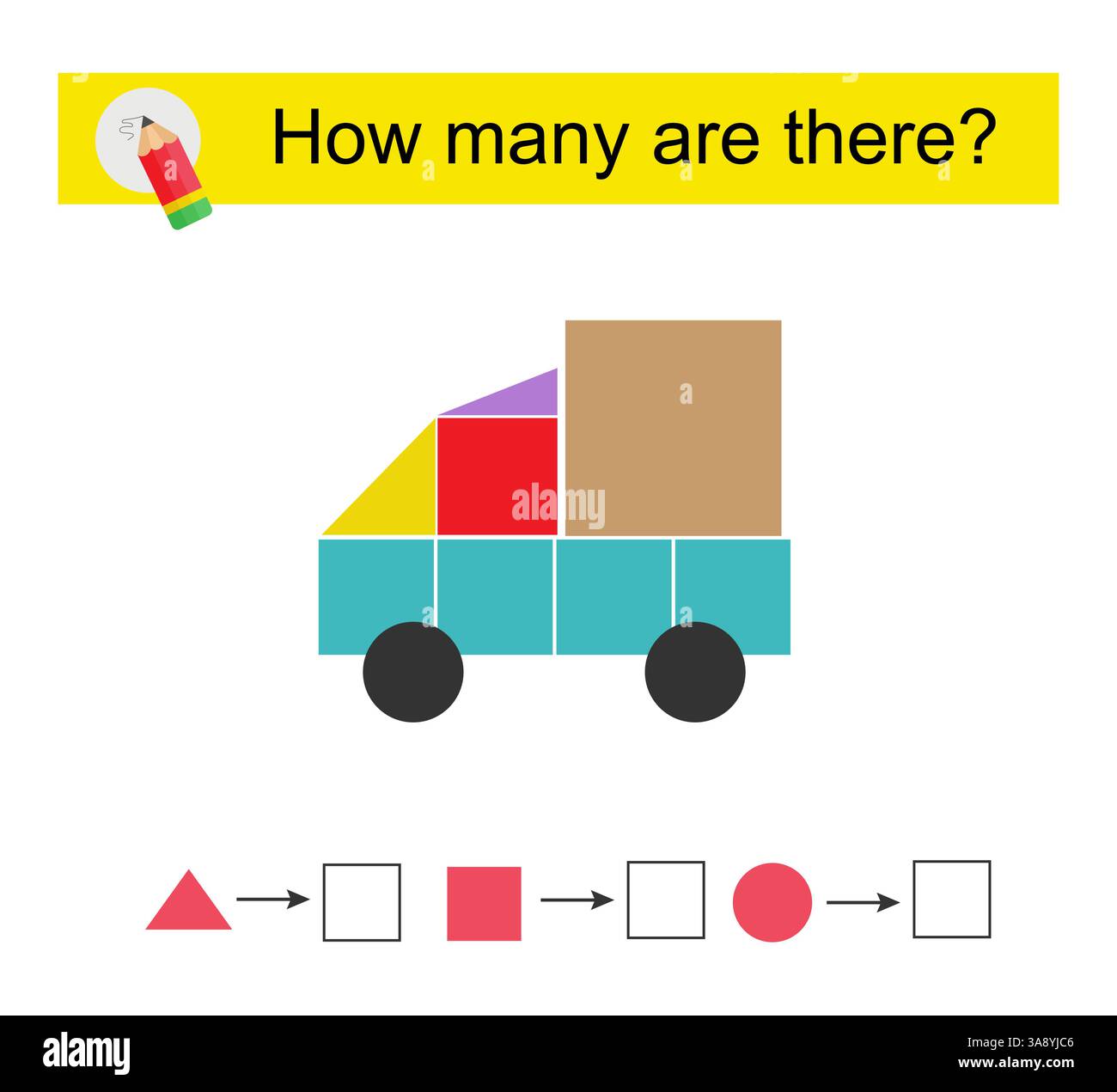 Math activity for children. How many geometric shapes? Cartoon truck ...