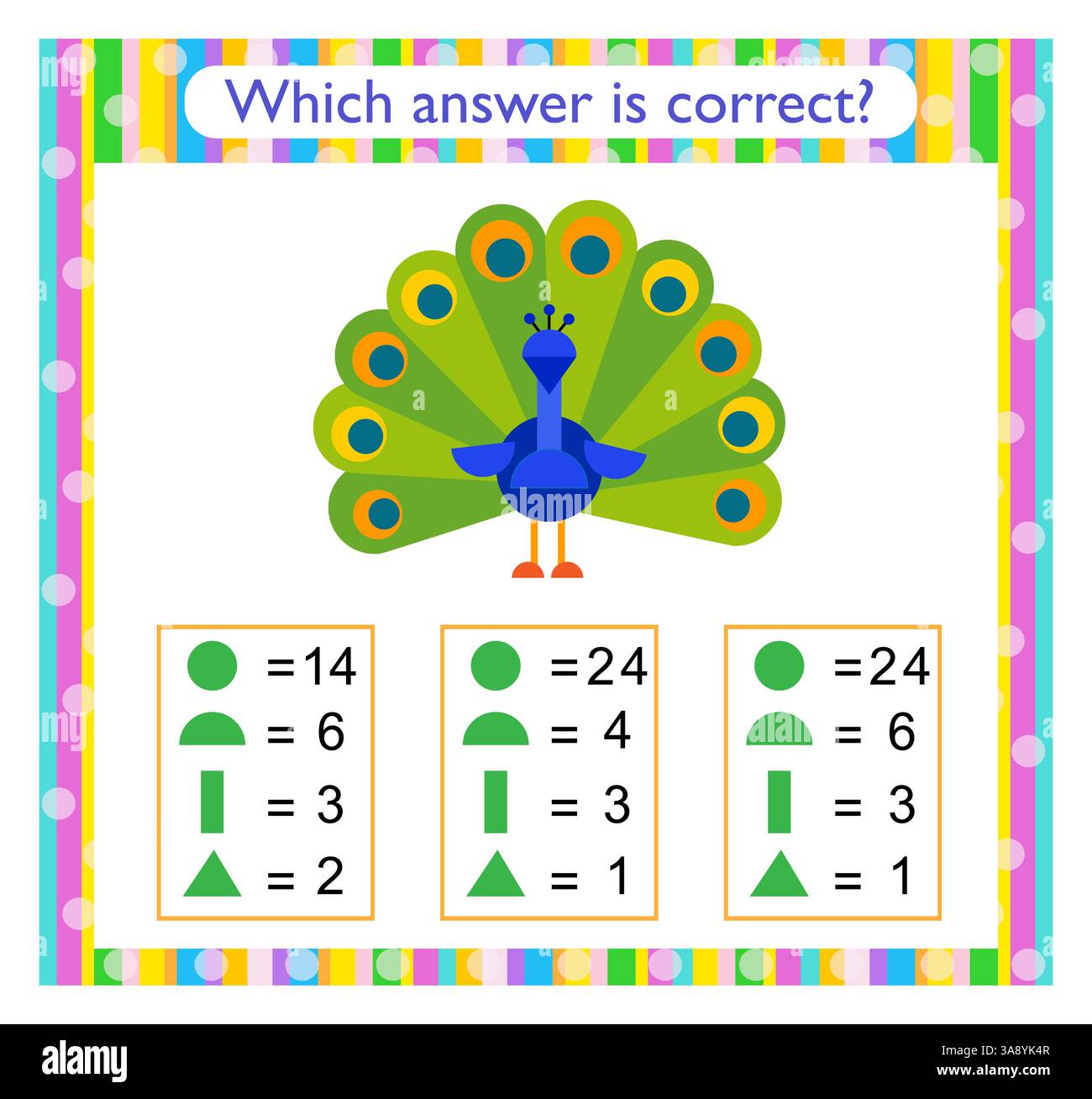 Math activity for kids. Find the correct answer. Cartoon peacock ...
