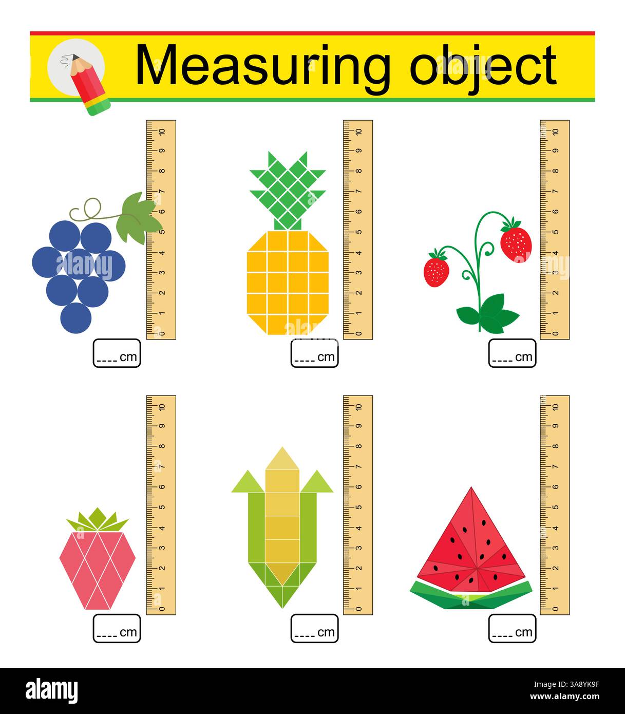 Worksheet for preschool kids. Measuring the length of the fruits with a ...