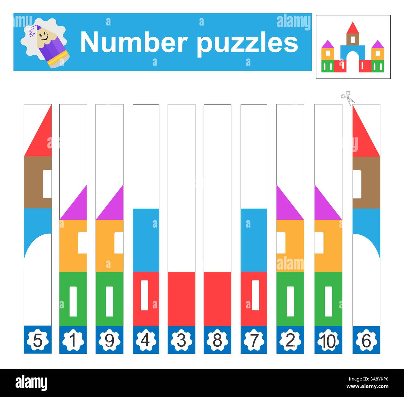 Number puzzles with cartoon house. Cut and assemble. Preschool ...
