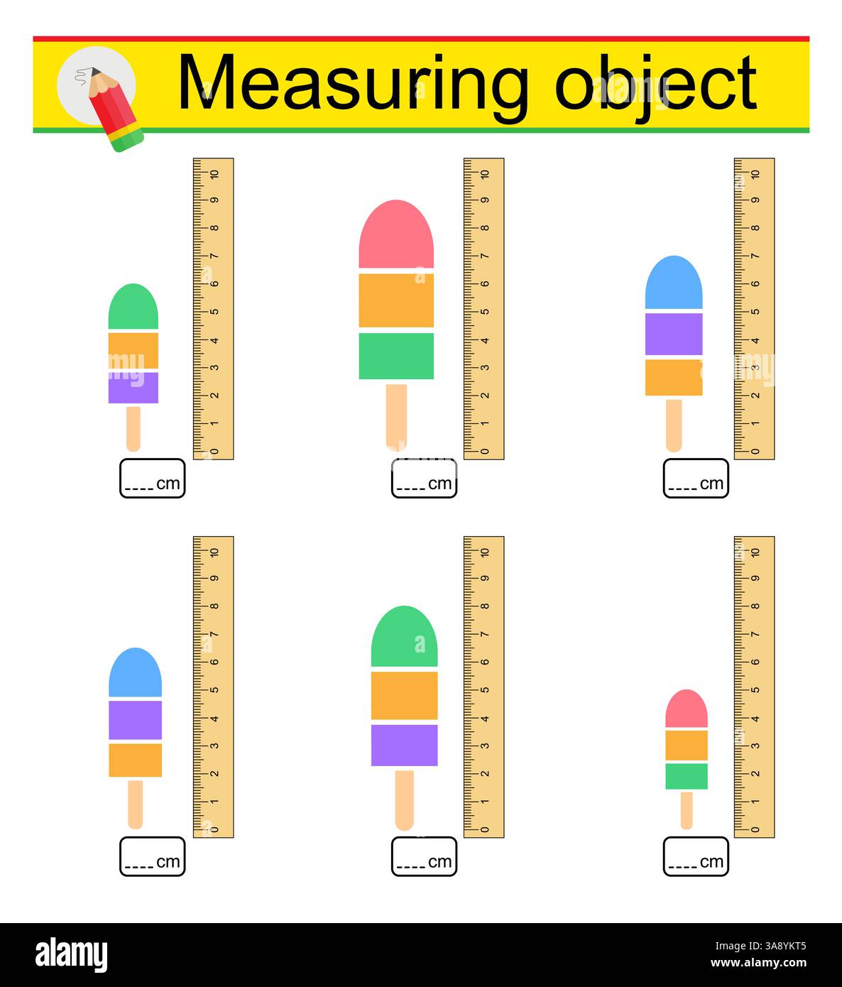 Worksheet for preschool kids. Measuring the length of cartoon ice ...