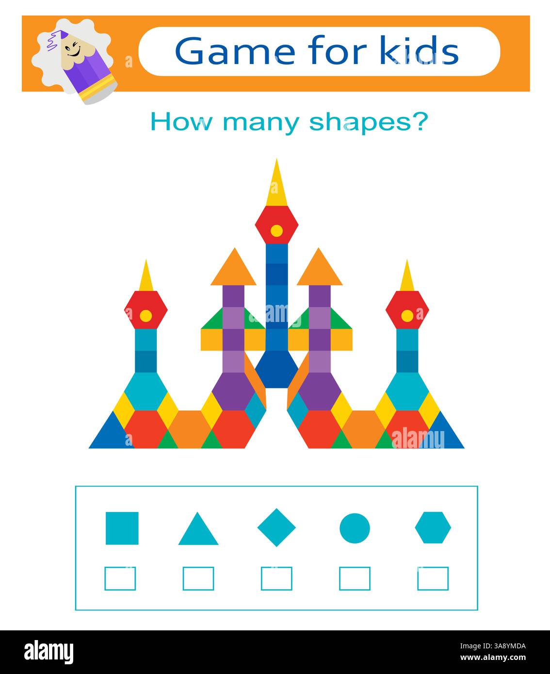Educational game for kids. Count how many triangles, squares, rhombus ...
