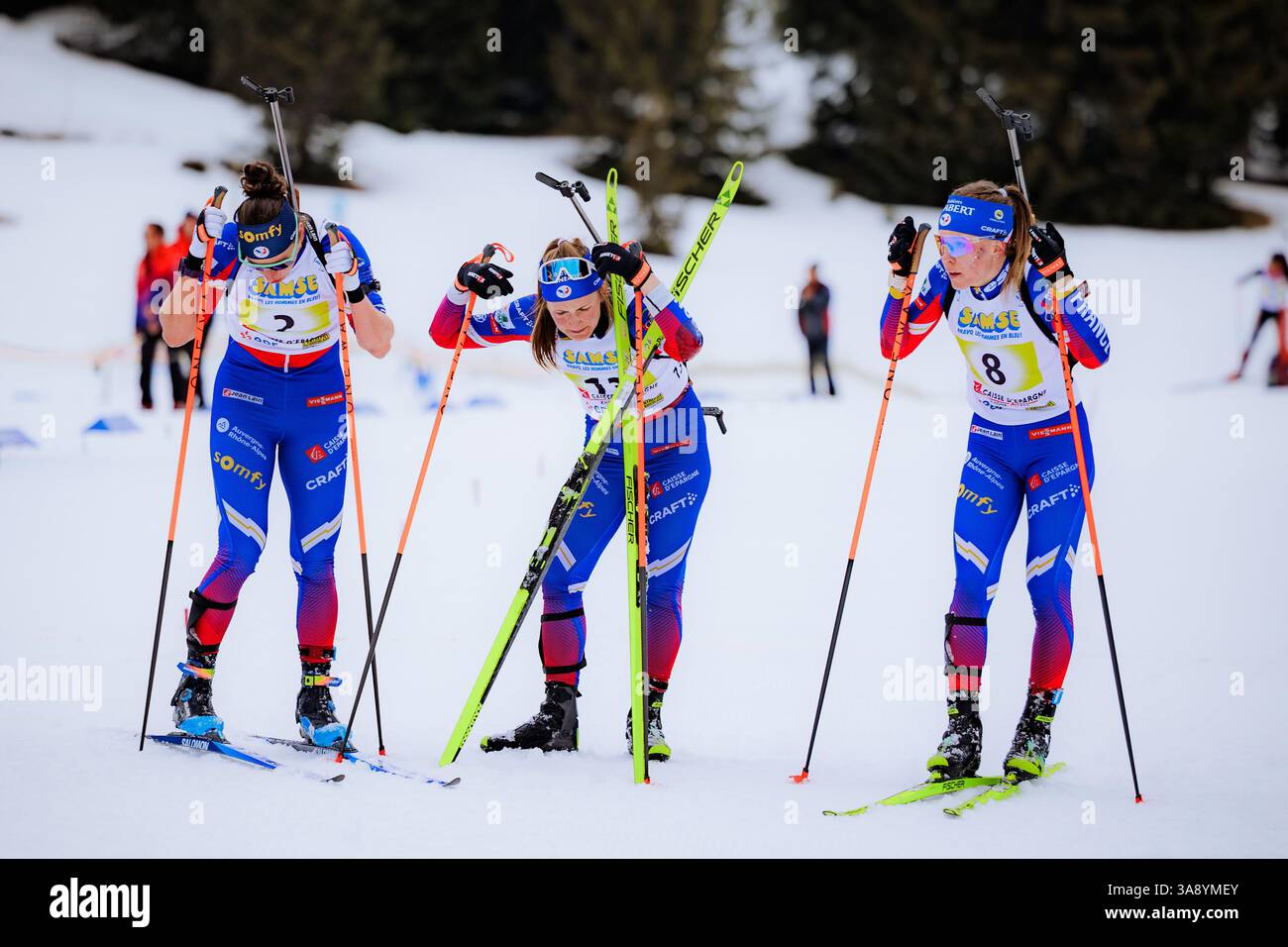 Les Saisies, France. 29th Mar, 2025. Les Saisies, France Oceane Michelon Julia Simon and Justine ...