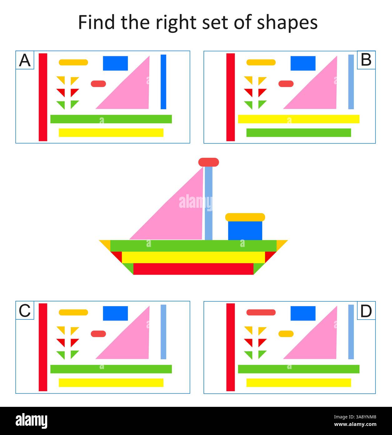 Educational logical game for kids. Find the right set of geometric shapes. Preschool worksheet ...