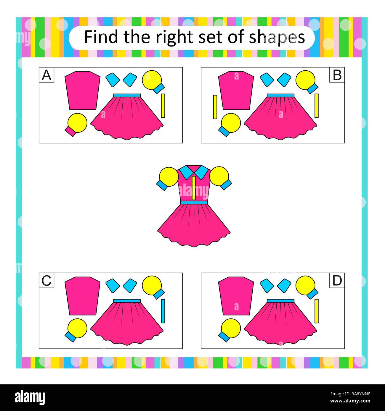Puzzle for kids. Attention task. Find the correct set of cartoon dress ...