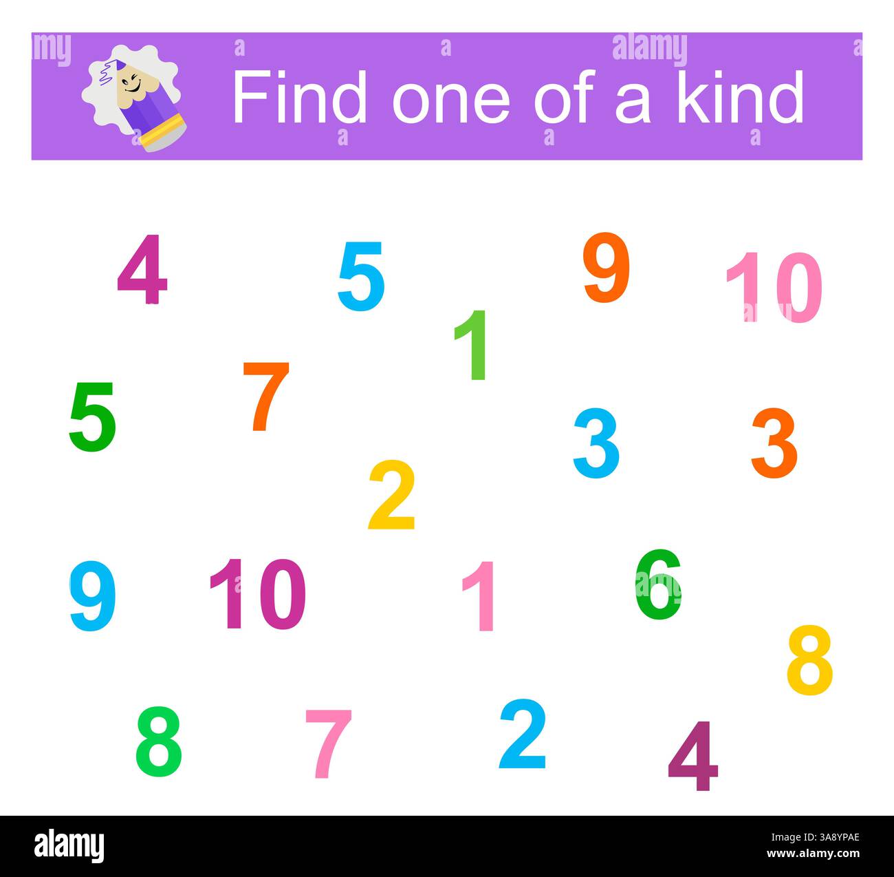 Educational activity game for kids of Find One of a Kind. Number range ...