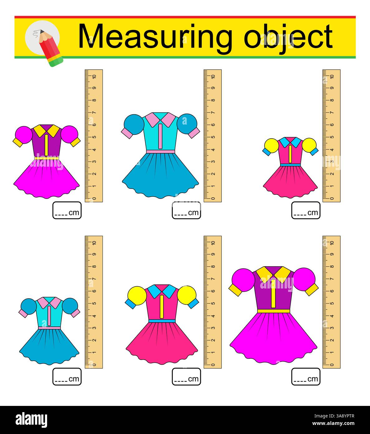 Worksheet for preschool kids. Measuring the length of cute dresses with ...