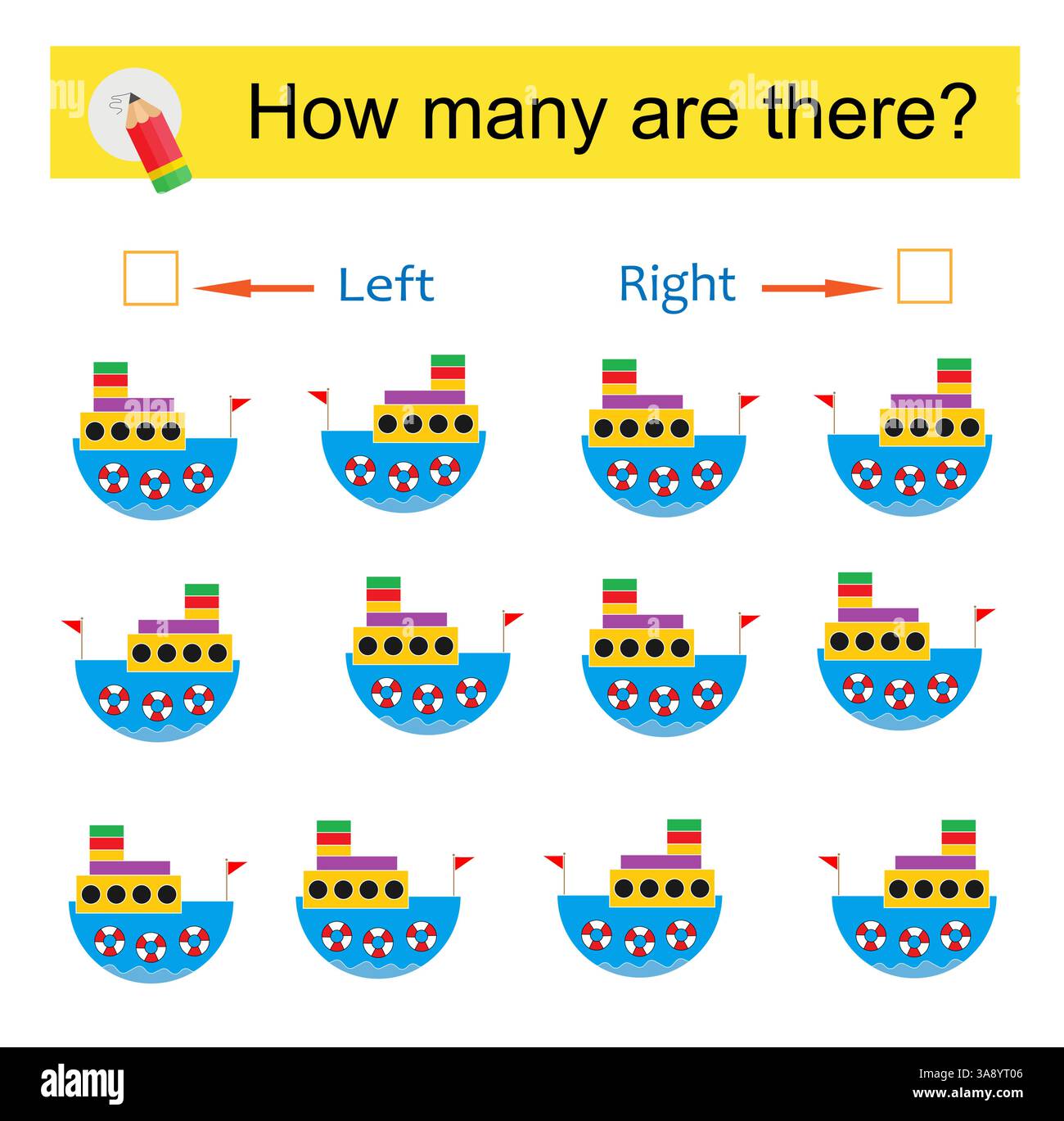 Math activity for kids. Developing numeracy skills. Cartoon ship ...