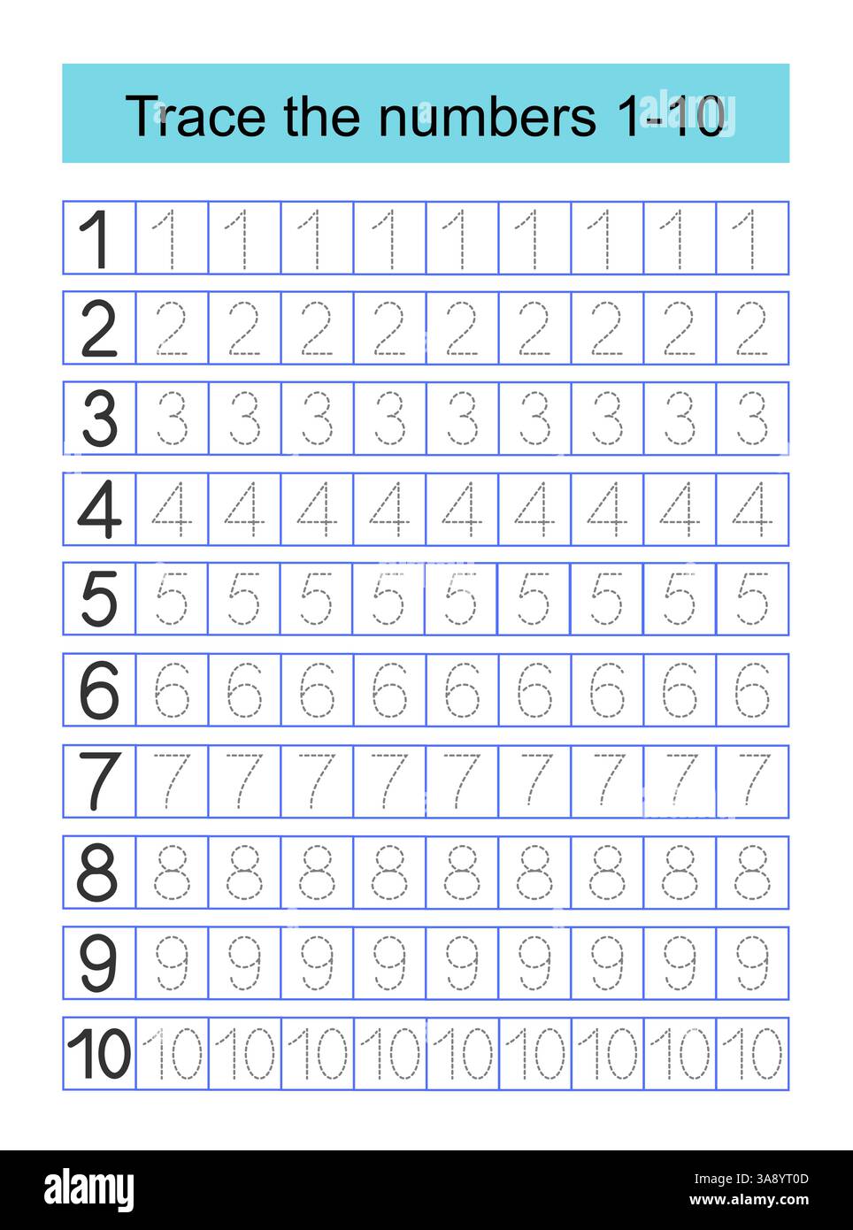 Educational material for kids. Preschool worksheet activity. Tracing dashed lines. Number ...