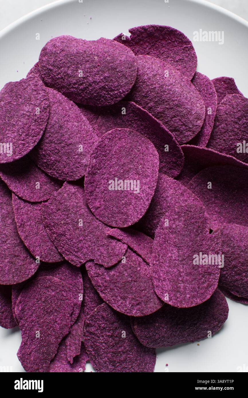 Overhead view of purple sweet potato chips, top view of ube chips ...