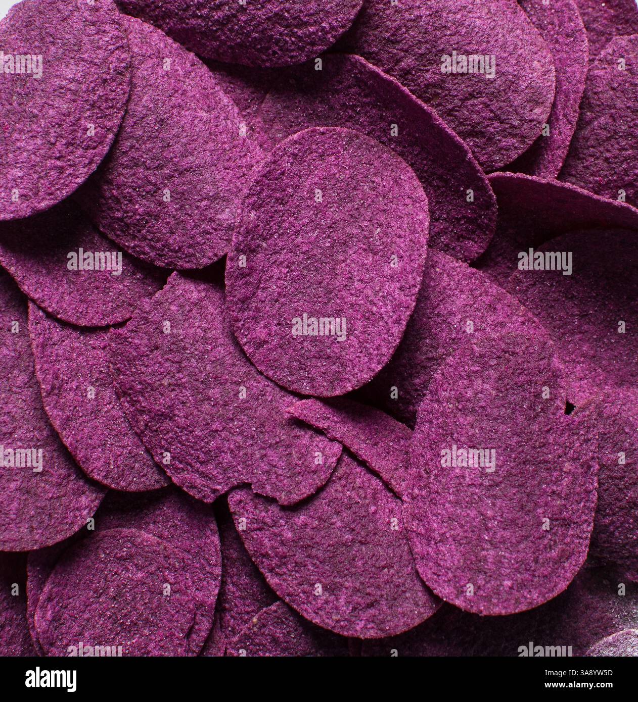 Overhead view of purple sweet potato chips, top view of ube chips ...