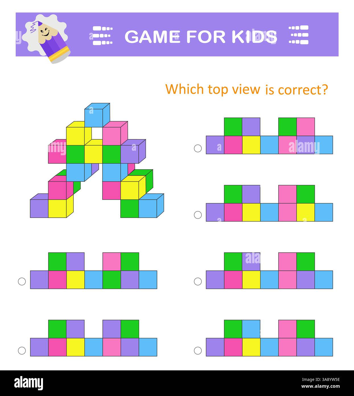 Logic puzzle for children. Which top vıew is correct? IQ training test ...
