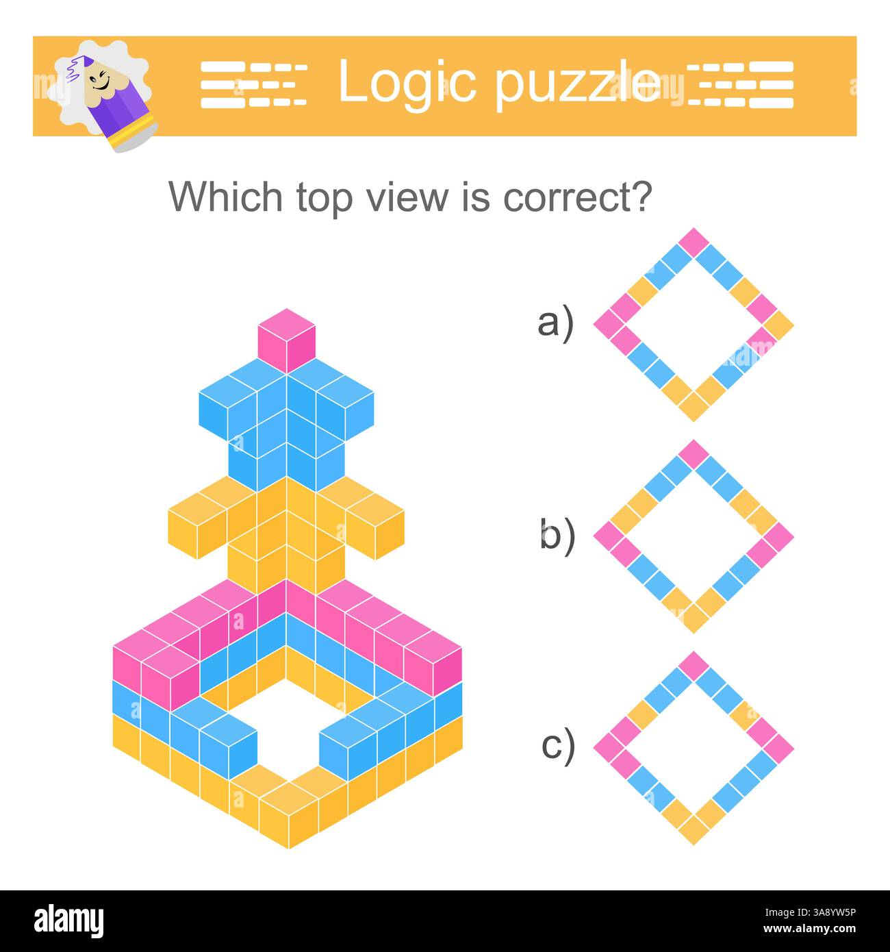 Logic puzzle for children. Which top vıew is correct? IQ training test ...