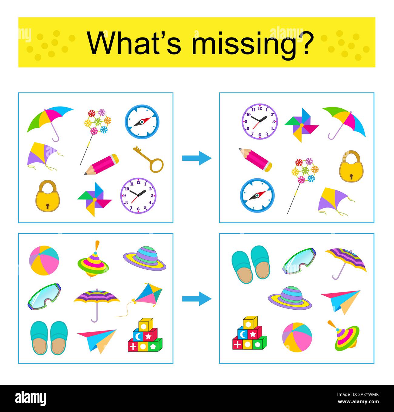 Puzzle game for kids. Task for the development of attention and logic. Find the missing object ...