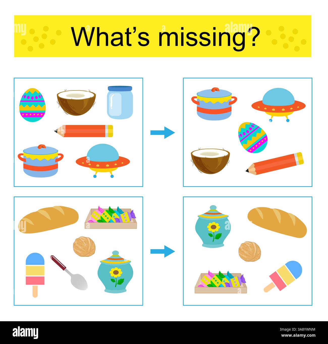 Puzzle game for kids. Task for the development of attention and logic. Find the missing object ...