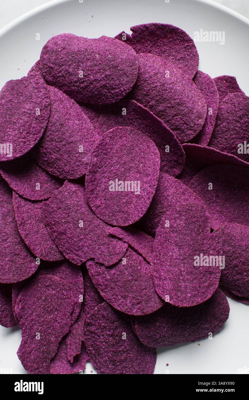 Overhead view of purple sweet potato chips, top view of ube chips ...