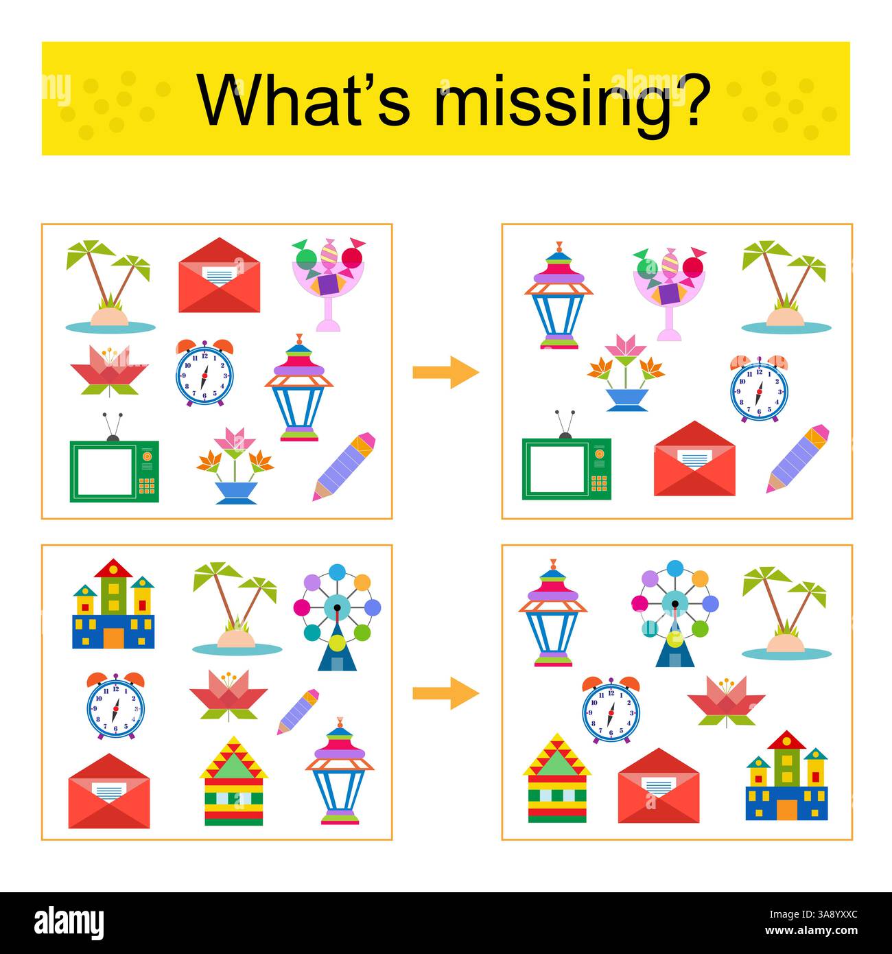 Puzzle game for kids. Task for the development of attention and logic. Find the missing objects ...
