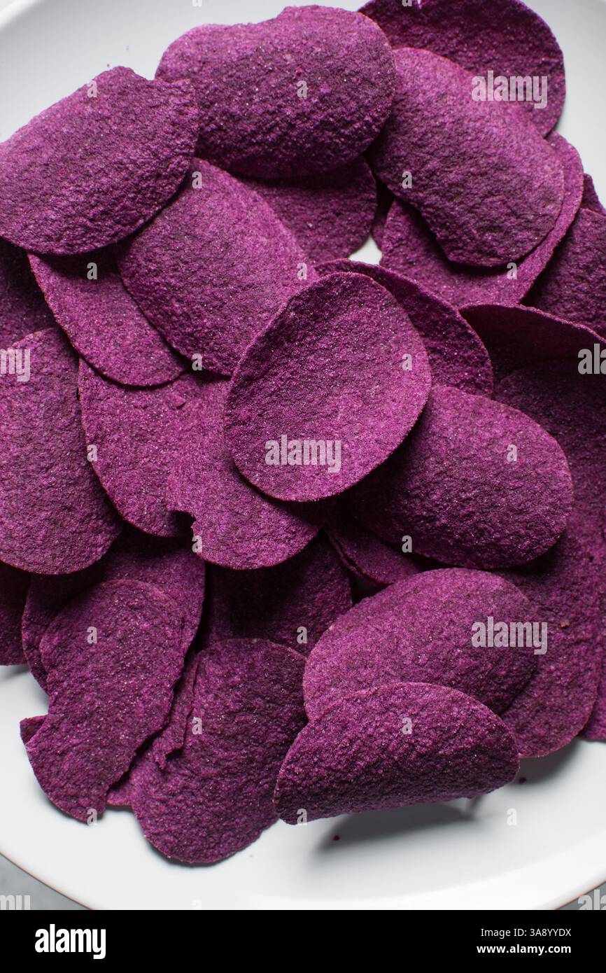 Overhead view of purple sweet potato chips, top view of ube chips ...