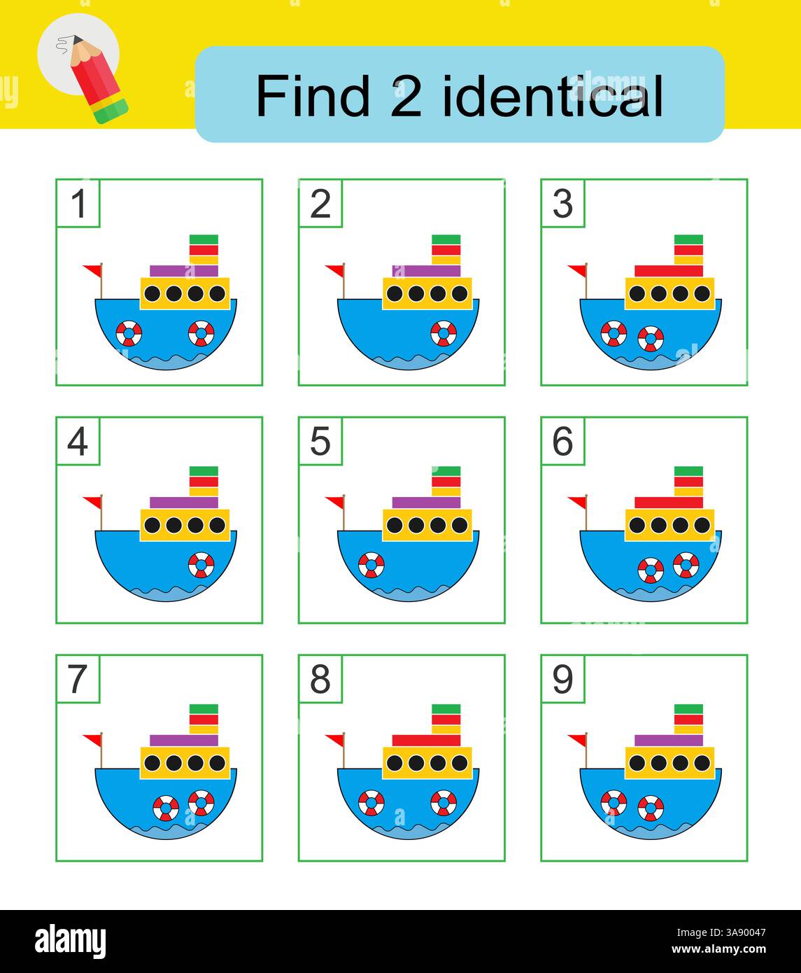 Fun puzzle game. Need to find two identical ships. Answer is 2,4. Vector illustration Stock ...